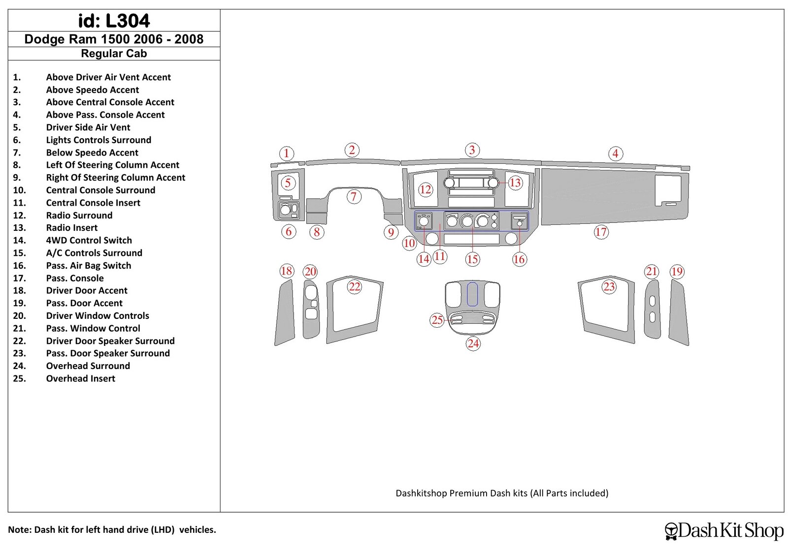 Декоративные накладки салона для Dodge RAM 2006-2008. Комплект L304.