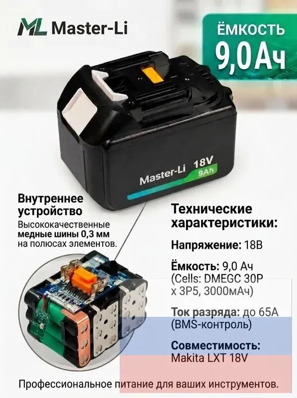 Аккумулятор 18v 9ач для электроинструмента