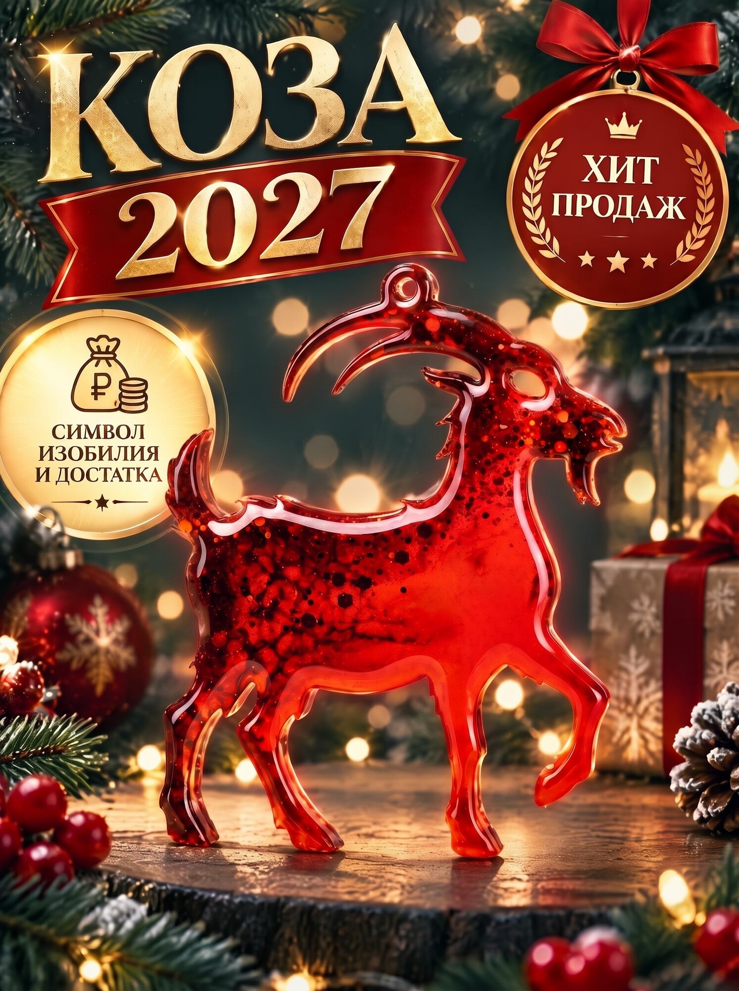 Елочная игрушка Коза, символ года 2027 коза, ручная работа, красная огненная,