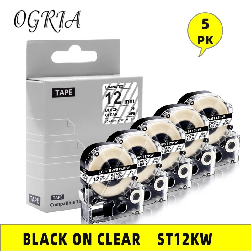 Лента для этикеток OGRIA для Epson LW-300 LW-400 LW-700 (6/9/12 Черный, 5 PK Black on Clear, 6 мм