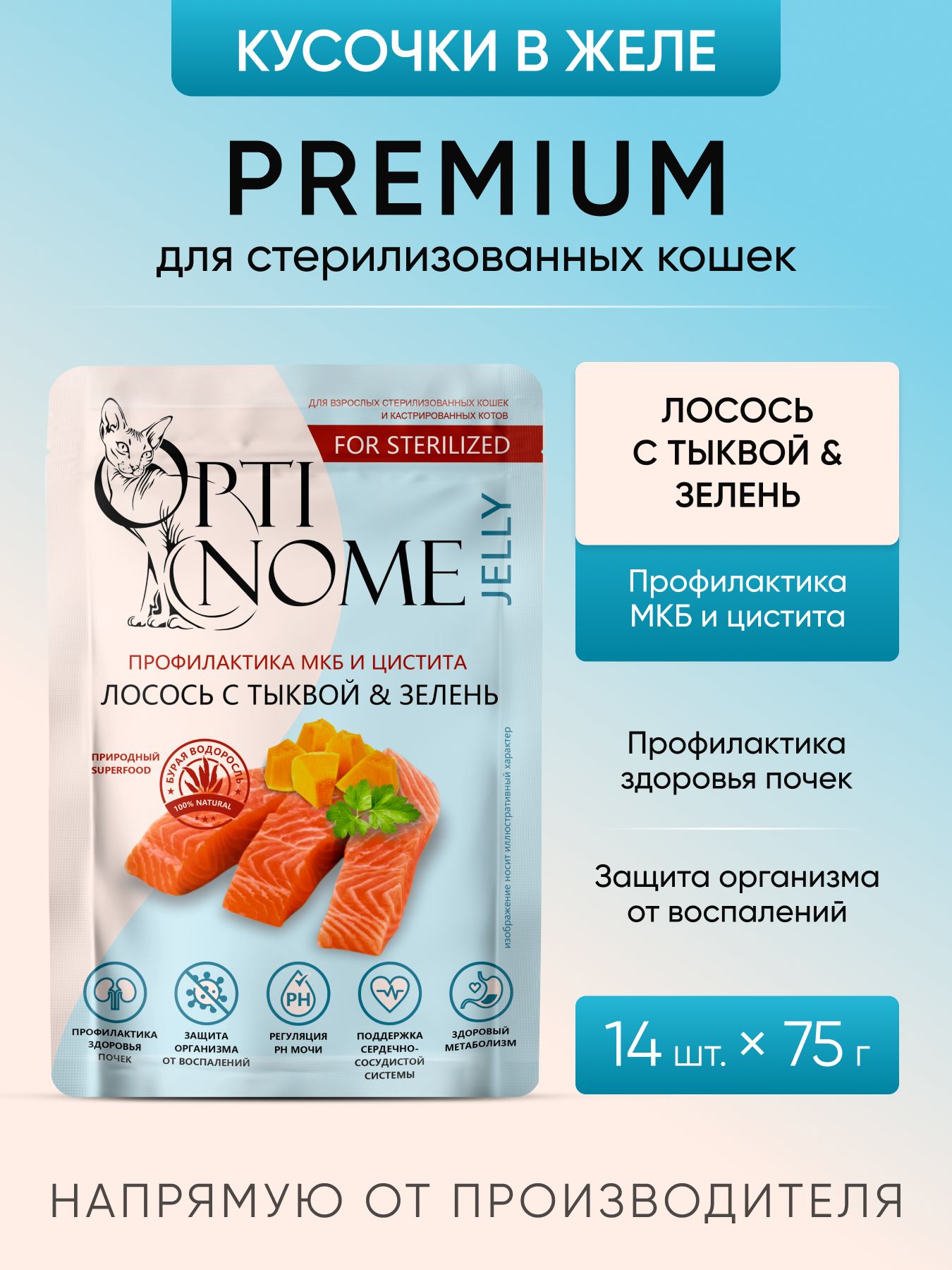 Корм для кошек влажный OPTINOME с лососем, тыквой и зеленью, для профилактики цистита, кусочки в желе, паучи 75 г, 14 шт.