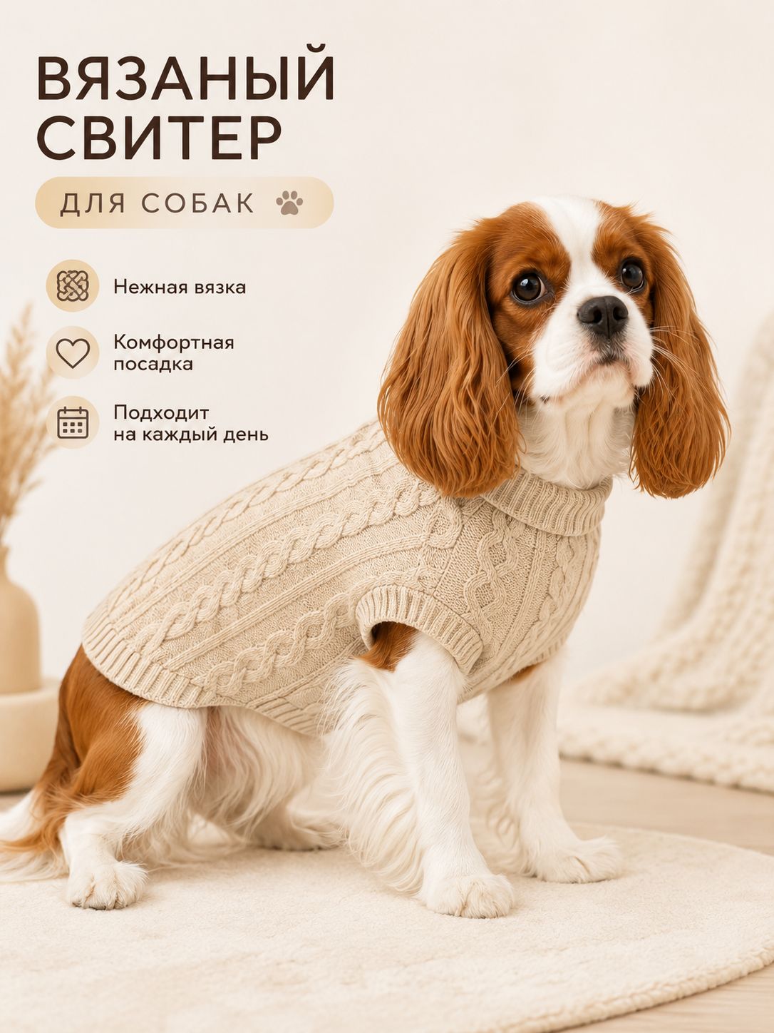 Свитер вязаный для собак и кошек с узором косы, тёплая одежда для мелких и средних пород
