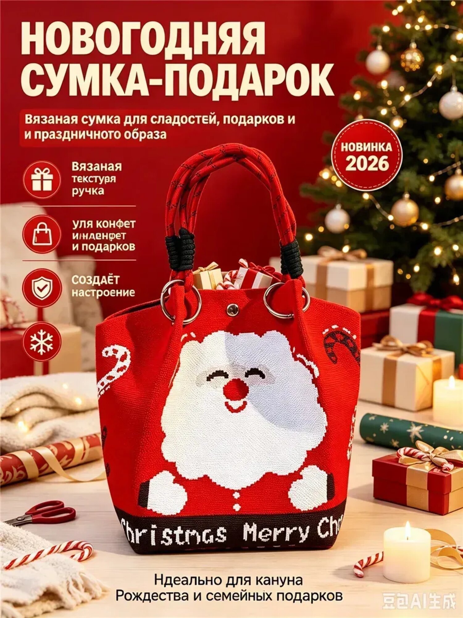 Новогодняя вязаная сумка с Дедом Морозом для подарков и праздничного образа, красный