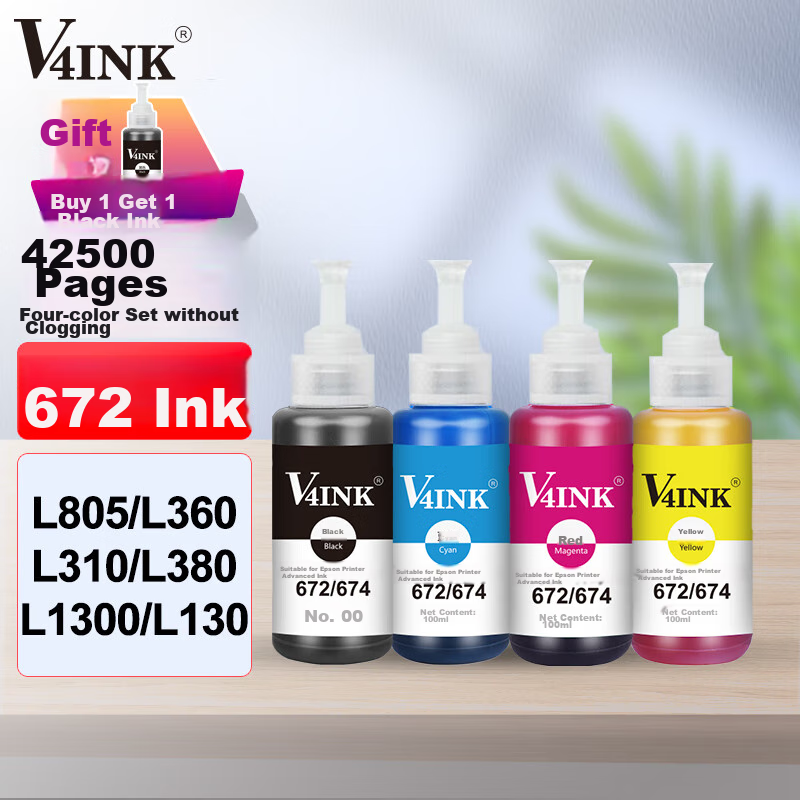 V4INK Совместимая чернила Epson 672 для принтеров L360 L380 L805 L310 L1300 L565 L130 L1455 Цвет：Чернила Epson 672/674