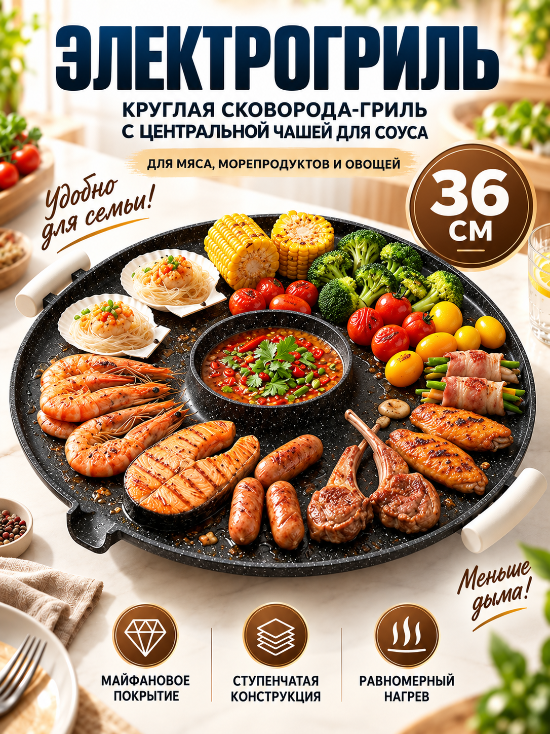 Электрогриль круглый бытовой ，ступенчатая конструкция, чаша для соуса в центре, удобно готовить мясо, овощи,
