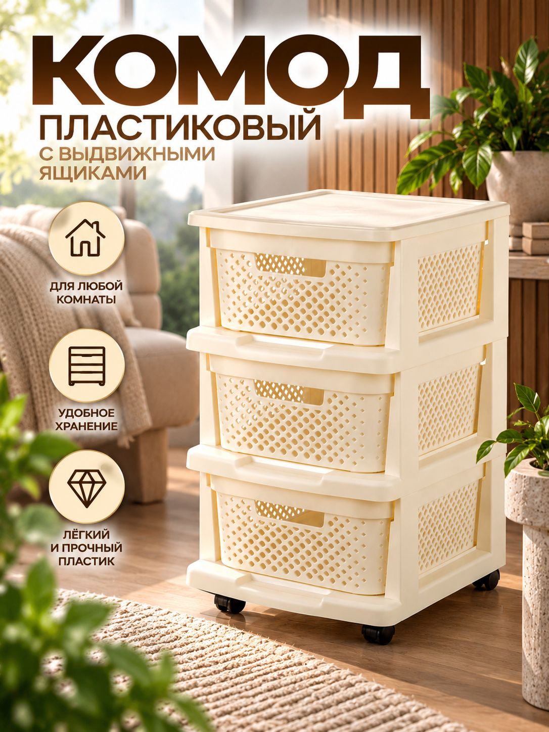 Комод пластиковый для вещей, с выдвижными корзинами, 3-секционный, 37х30х56,3 см