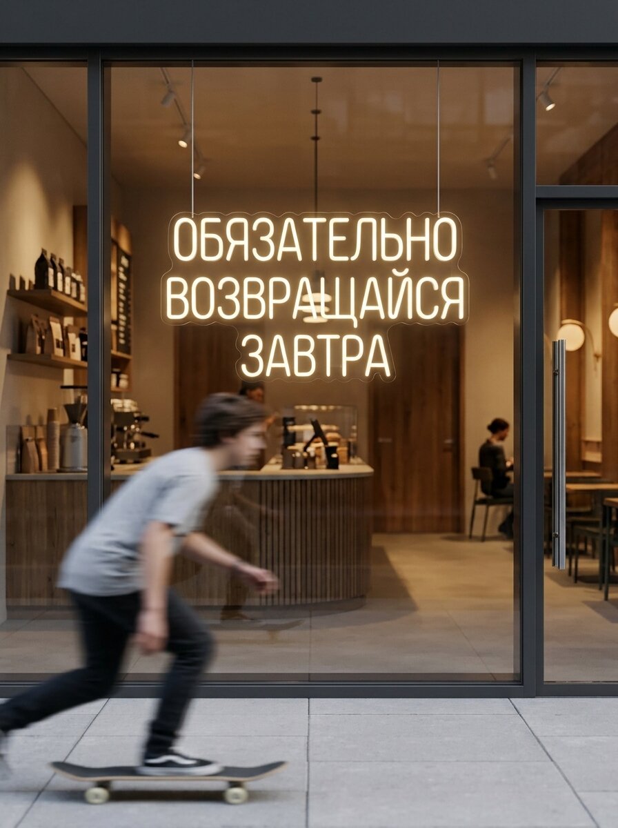 Неоновая вывеска "Обязательно возвращайся завтра" 92х45см, неоновая надпись, LED светильник для кофейни