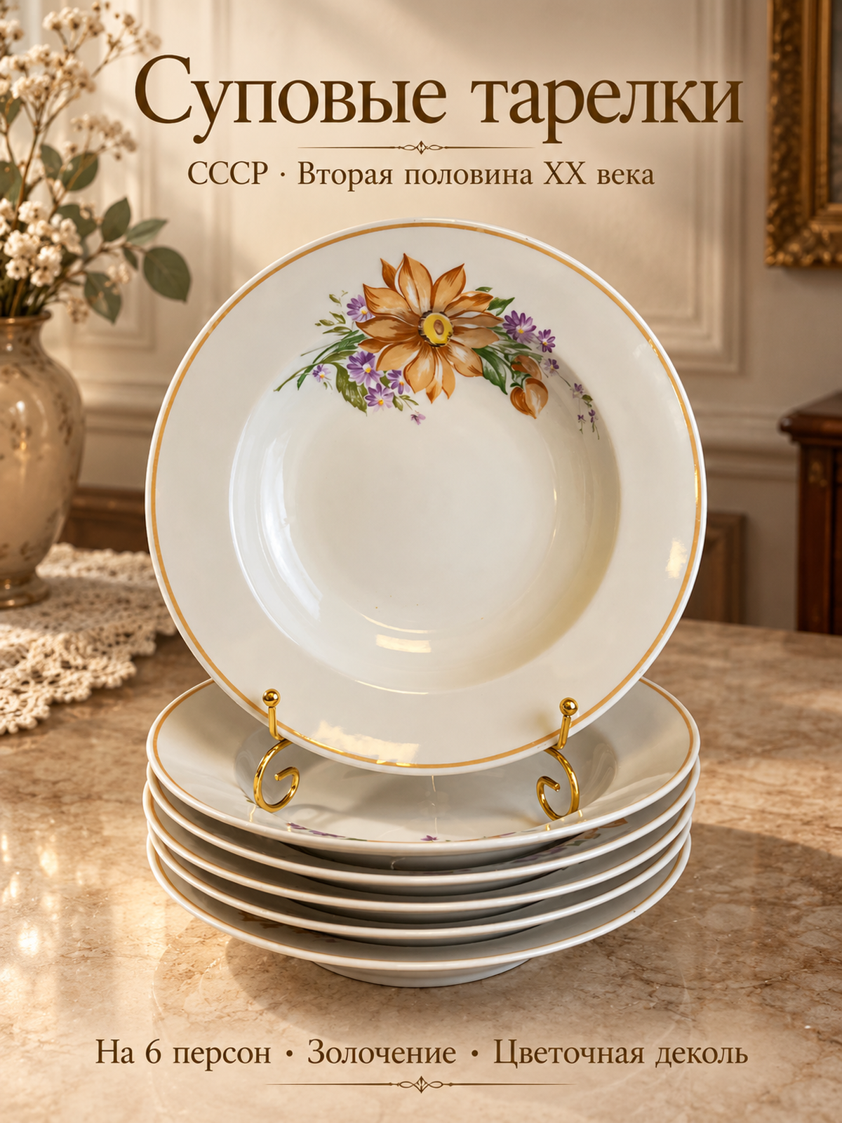 Суповые тарелки на 6 персон фарфоровые, деколь цветы, золочение, Богдановичи ФЗ винтаж СССР 1973-1991 гг
