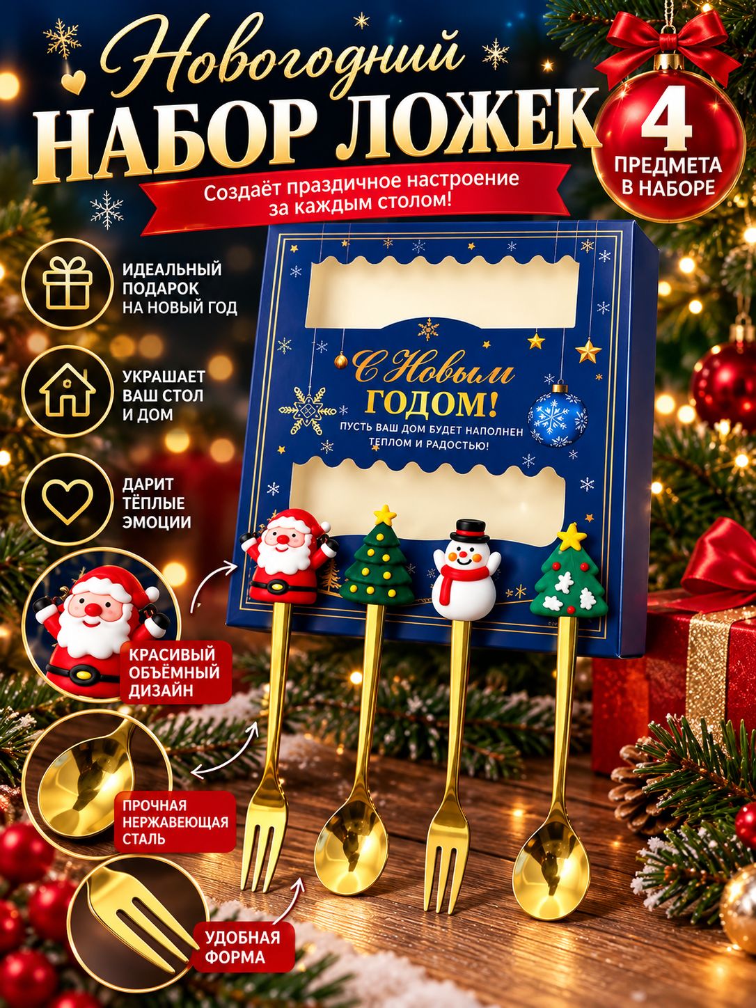 Новогодний набор ложек и вилок 4 шт, подарочный набор с фигурками