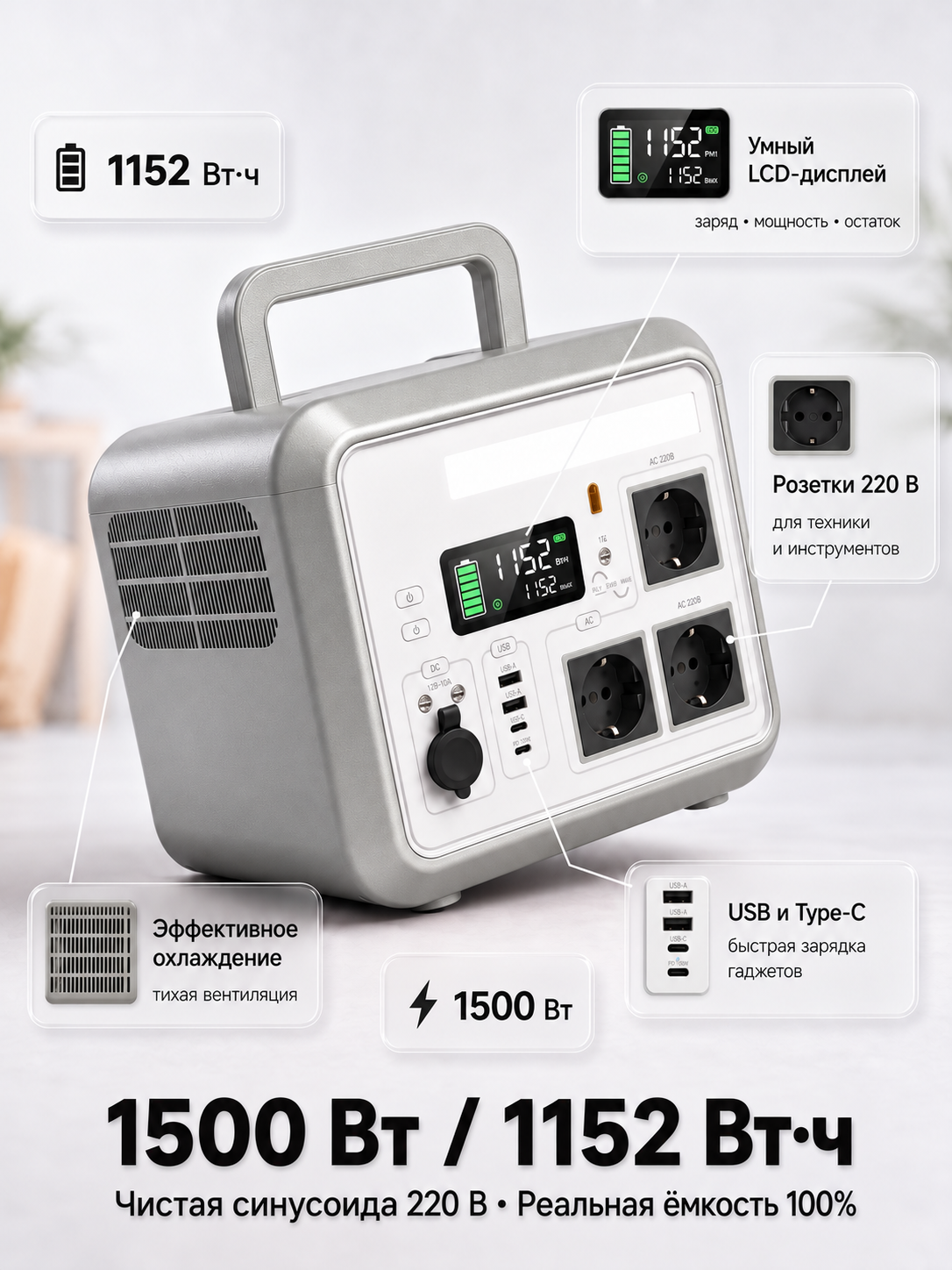 Портативная электростанция OBRIX 1500 Вт, 1152 Вт·ч, чистая синусоида, 3 розетки 220 В, USB-C PD 100 Вт, LED-фонарь, цвет серый металлик.