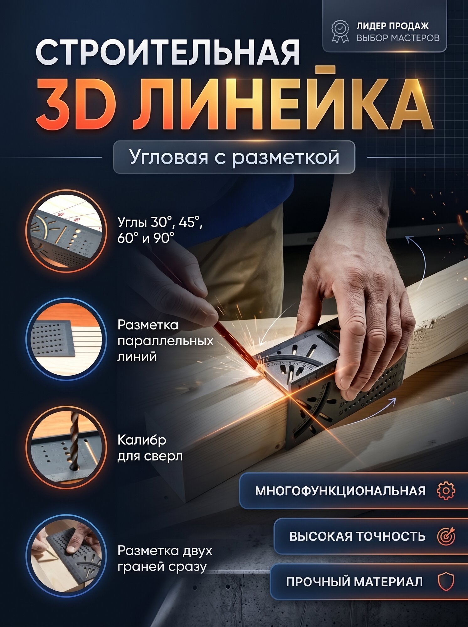 Линейка строительная угловая 3D / линейка угольник, материал пластик