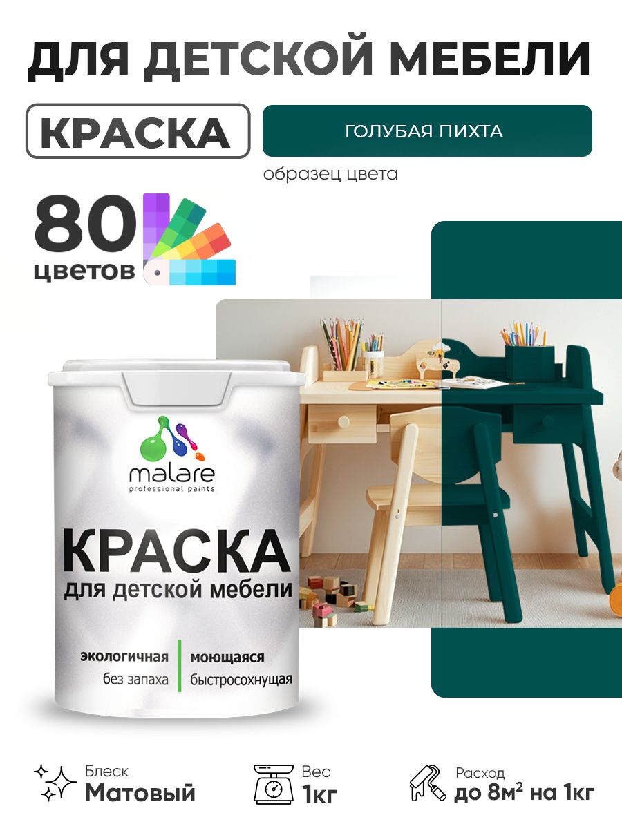 Акриловая краска Malare для детской мебели для кухонных фасадов, мебели из дерева, моющаяся, быстросохнущая без запаха матовая, голубая пихта, 1 кг