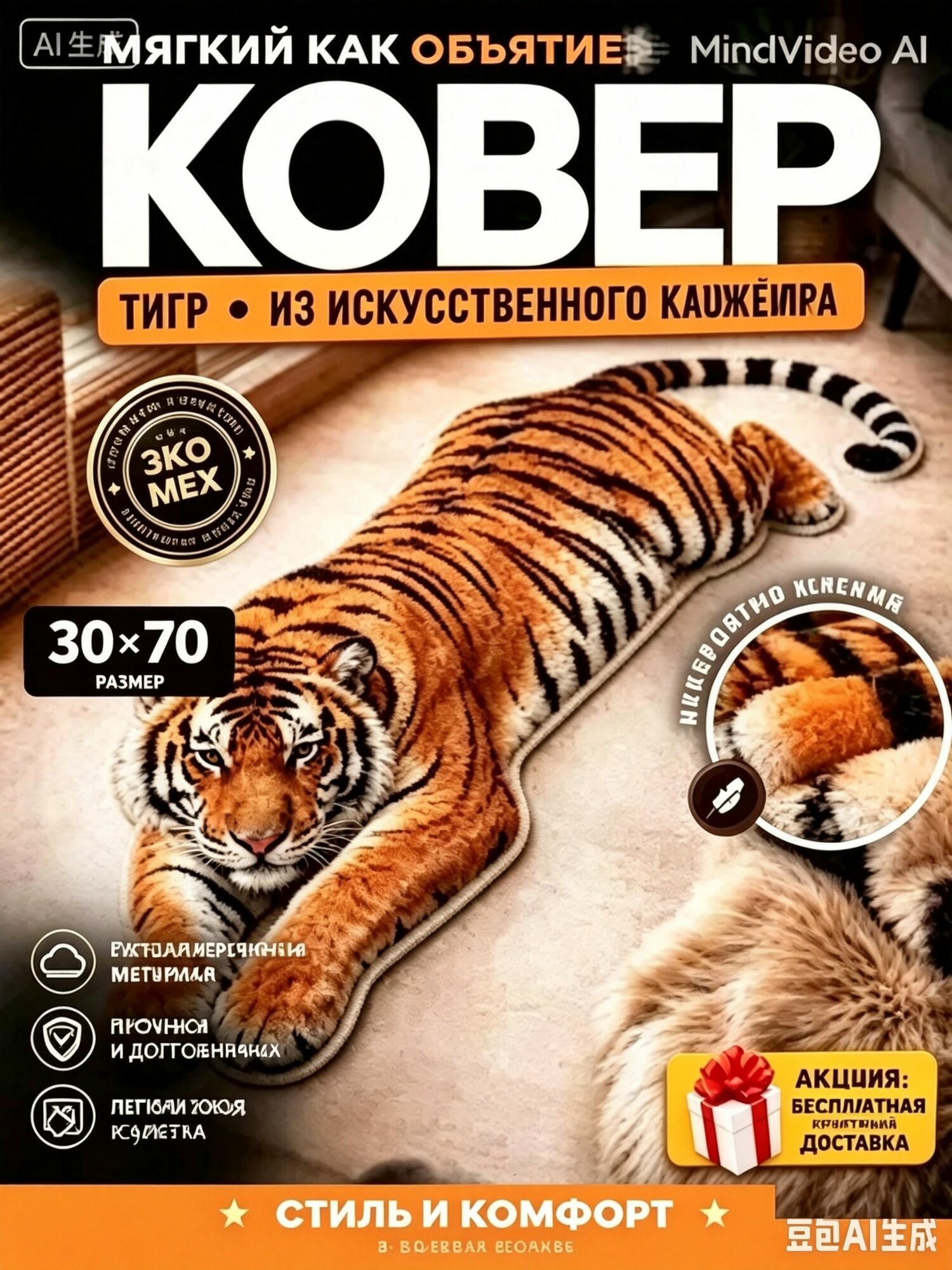Коврик прикроватный 40x60 см восточный светло-коричневый, оранжевый