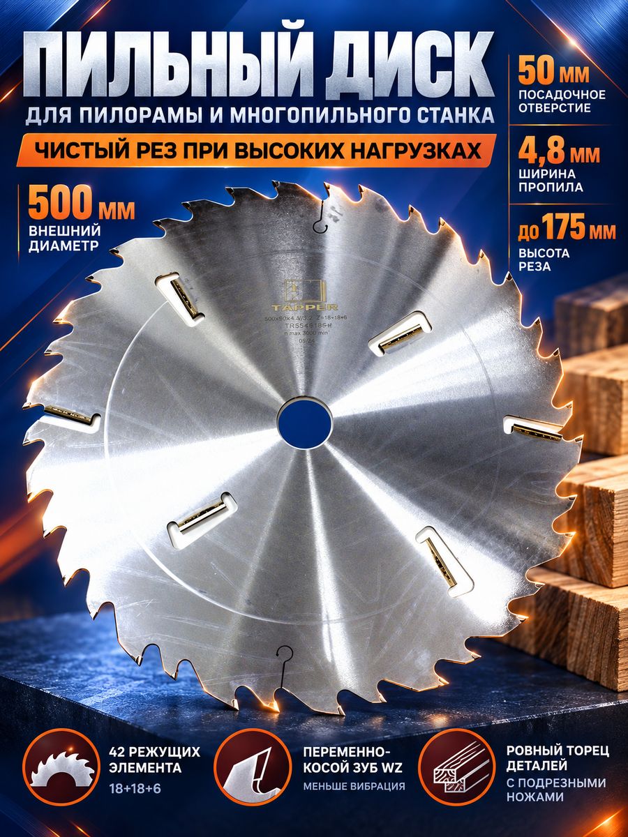 Пильный диск для пилорамы и многопильного станка 500 х 50 мм, пропил 4,8 мм, 18+18+6 зубьев WZ с подрезными ножами - высота реза до 175 мм - Tapper TR5548186F