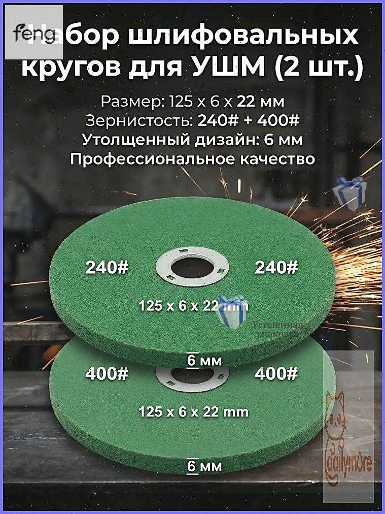 Шлифовальный круг для заточки 125мм, 240-400, для УШМ, точильный камень сетчатый, 2 шт