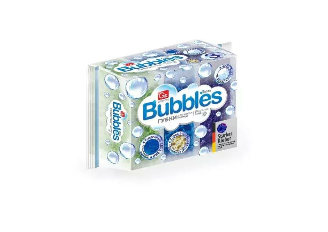 Губка для посуды bubble поролон/абразив 9,5*6,5*3,6 см 3 шт GRIFON 900-103