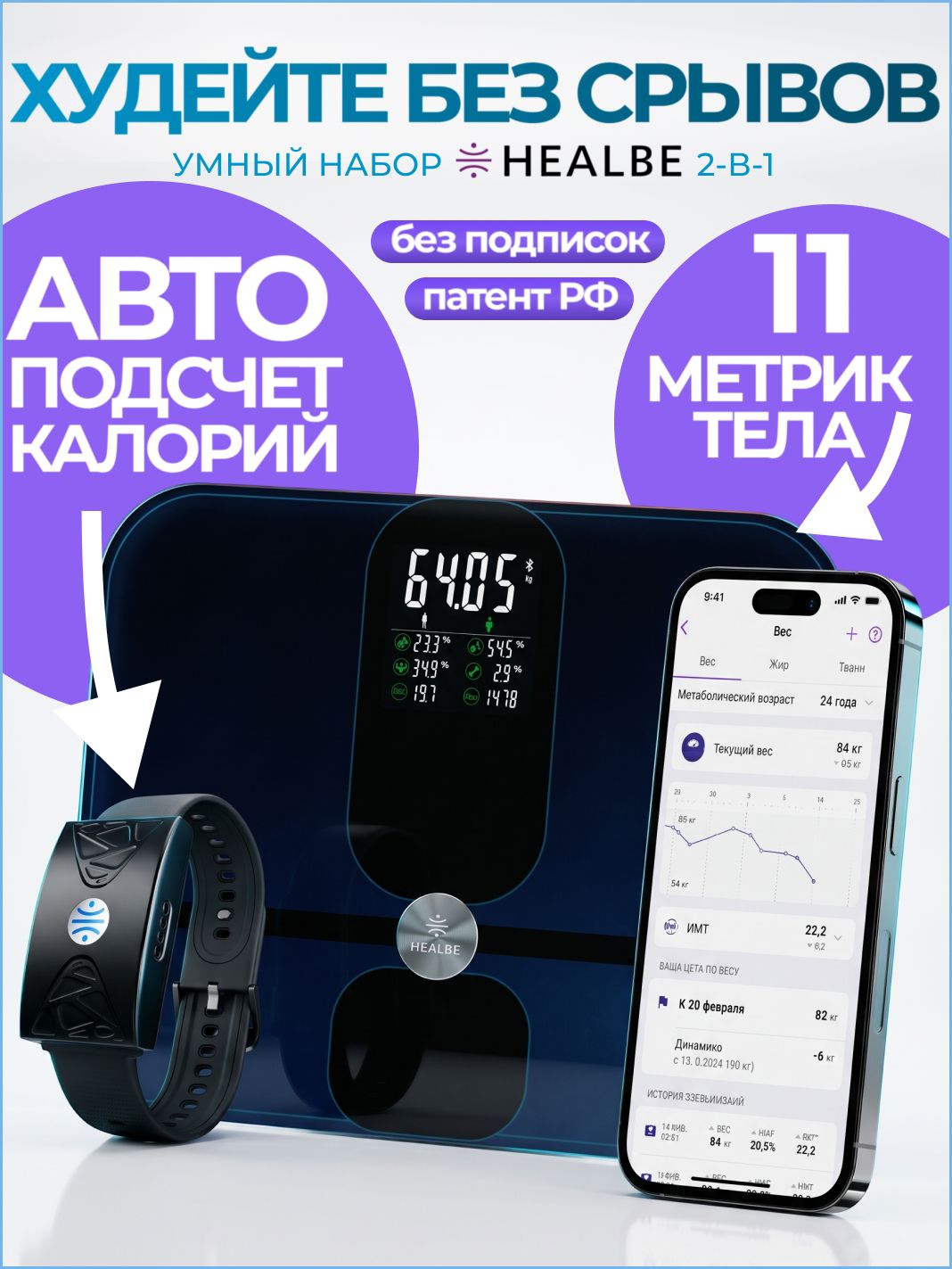 Комплект смарт-устройств HEALBE Start Control 2 Plus: биоимпедансные умные напольные весы и фитнес-браслет GoBe U для контроля веса, подсчет калорий, трекер сна, стресса и гидратации