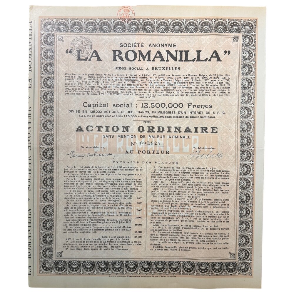 Бельгия, SA La romanilla, сертификат на 1 акцию 1923 г.