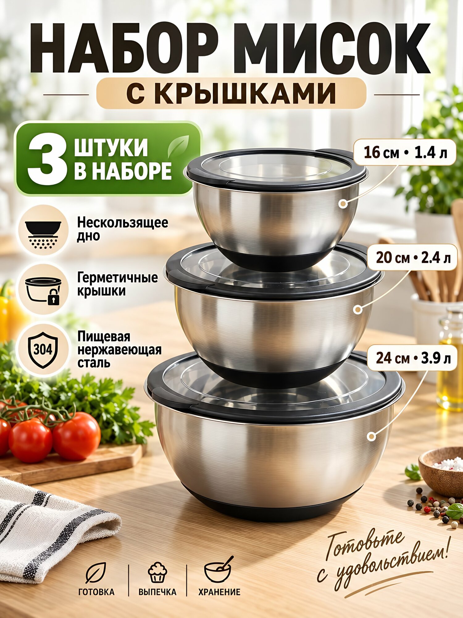 Набор мисок из нержавеющей стали 3 шт с крышками 16 20 24 см серебристый круглый Y4-11664 для кухни и сервировки стола