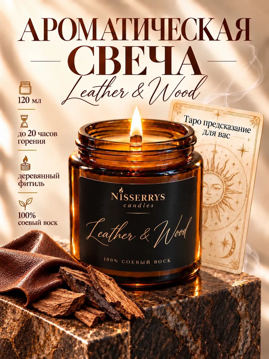 Свеча соевая Nisserrys_candles ароматическая "Кожа и древесина" в банке 120 мл для дома и интерьера с Таро