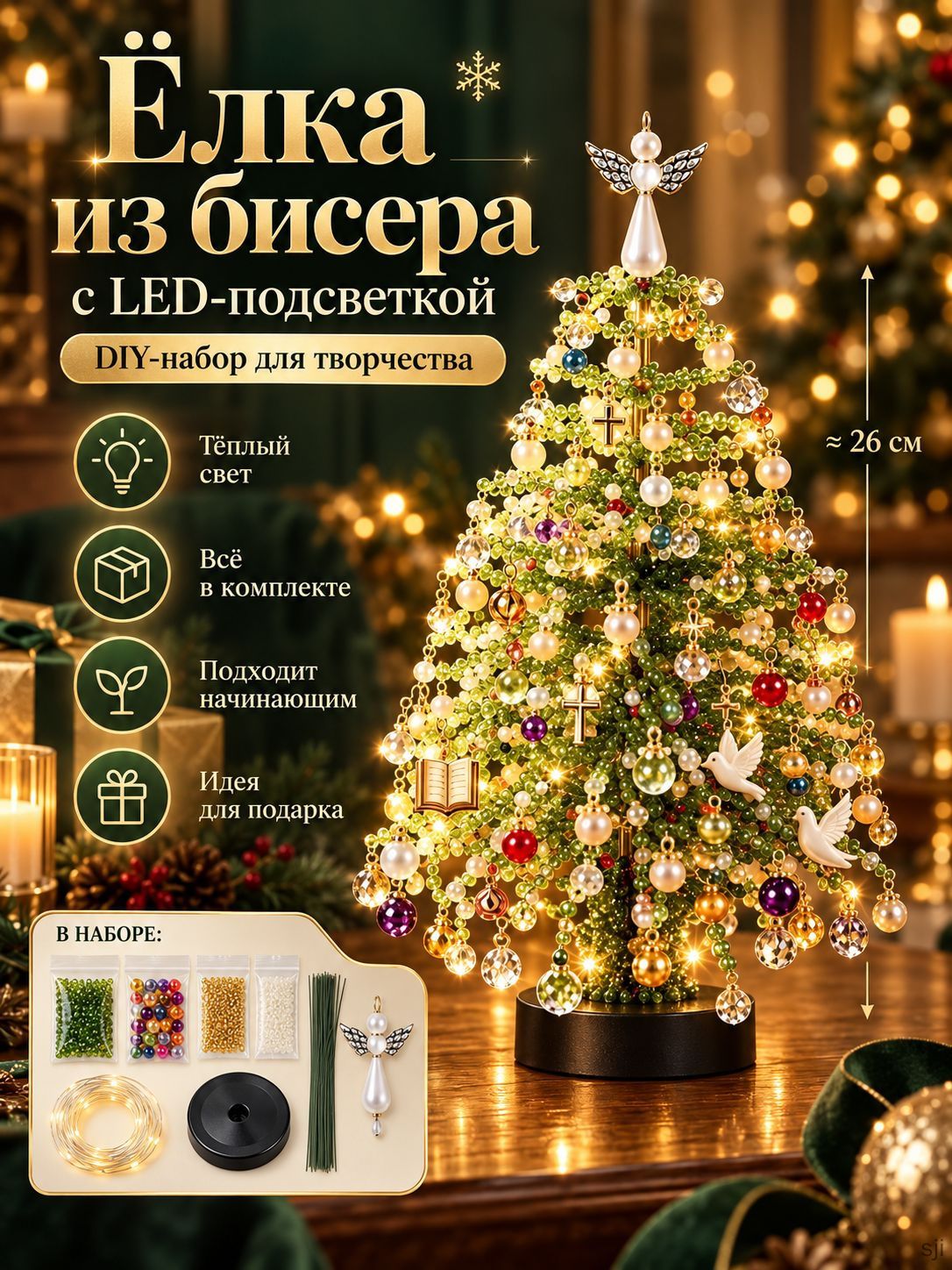 Набор для создания ёлки из бисера с LED подсветкой, новогодний DIY набор для творчества, декоративная мини ёлка