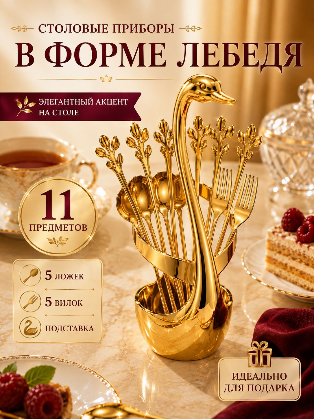 Набор кофейных ложек и десертных вилок с подставкой Лебедь, 11 предметов, золотистый Новогодние подарки Рождественские подарки