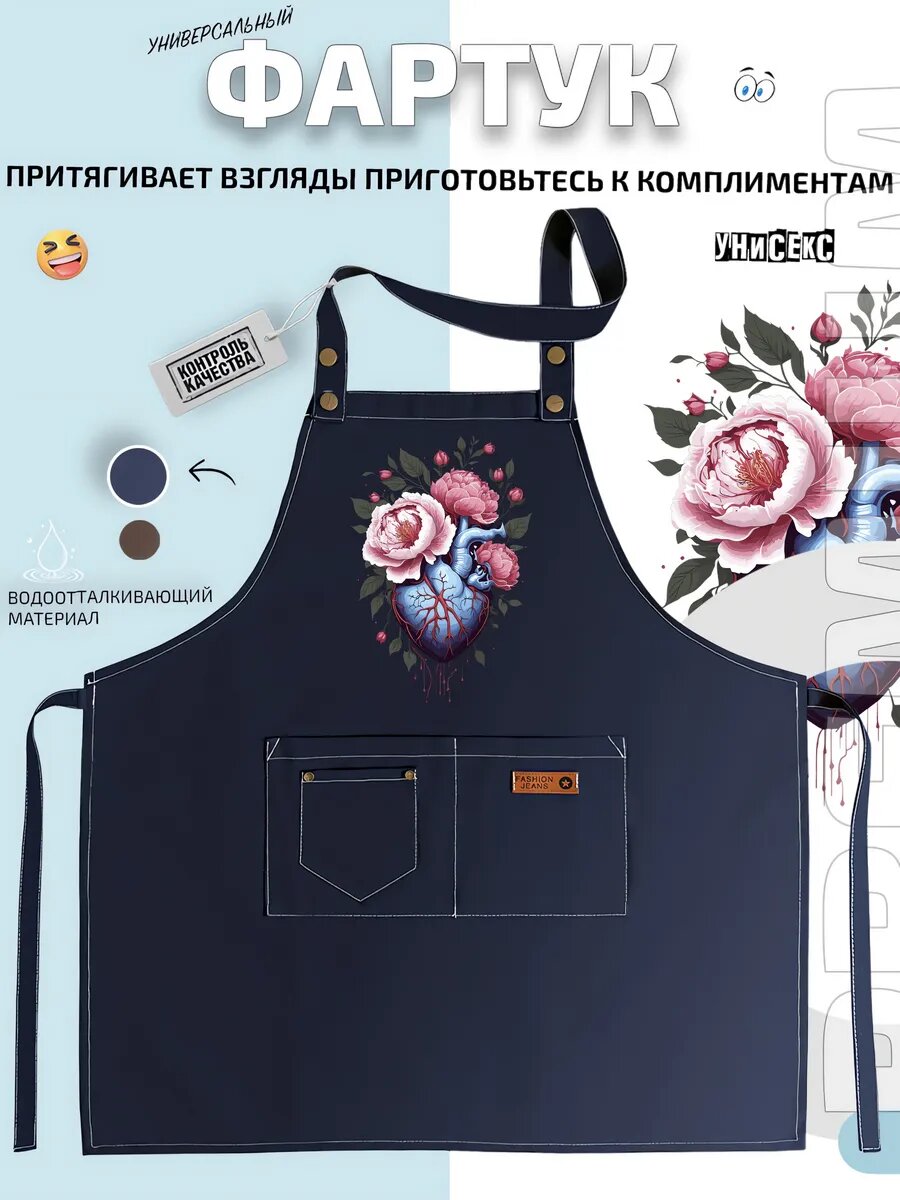 Фартук Сердце с цветами арт дизайн флора ботаника кухонный с принтом универсальный