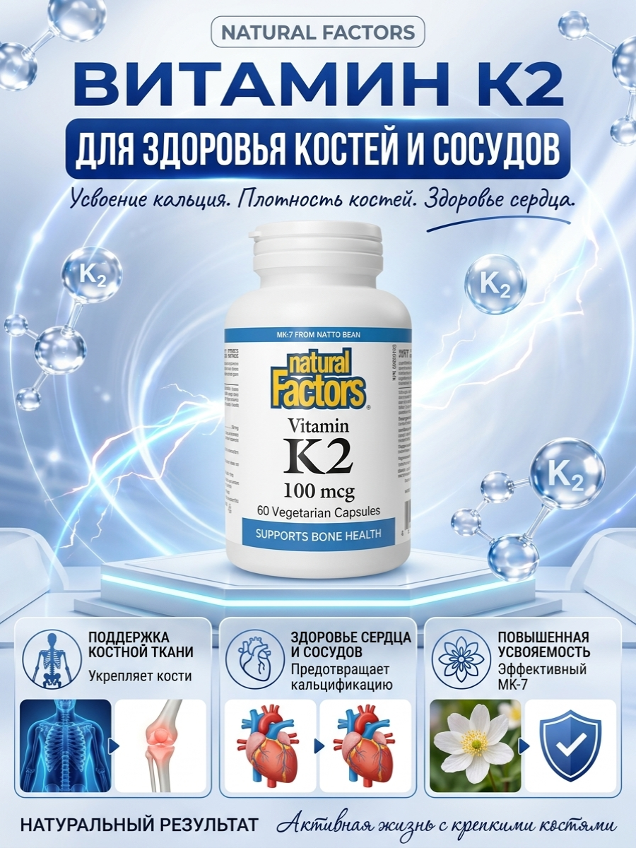 Natural Factors Витамин К2 (менахинон-7), Vitamin K2 100мкг, 60 капс