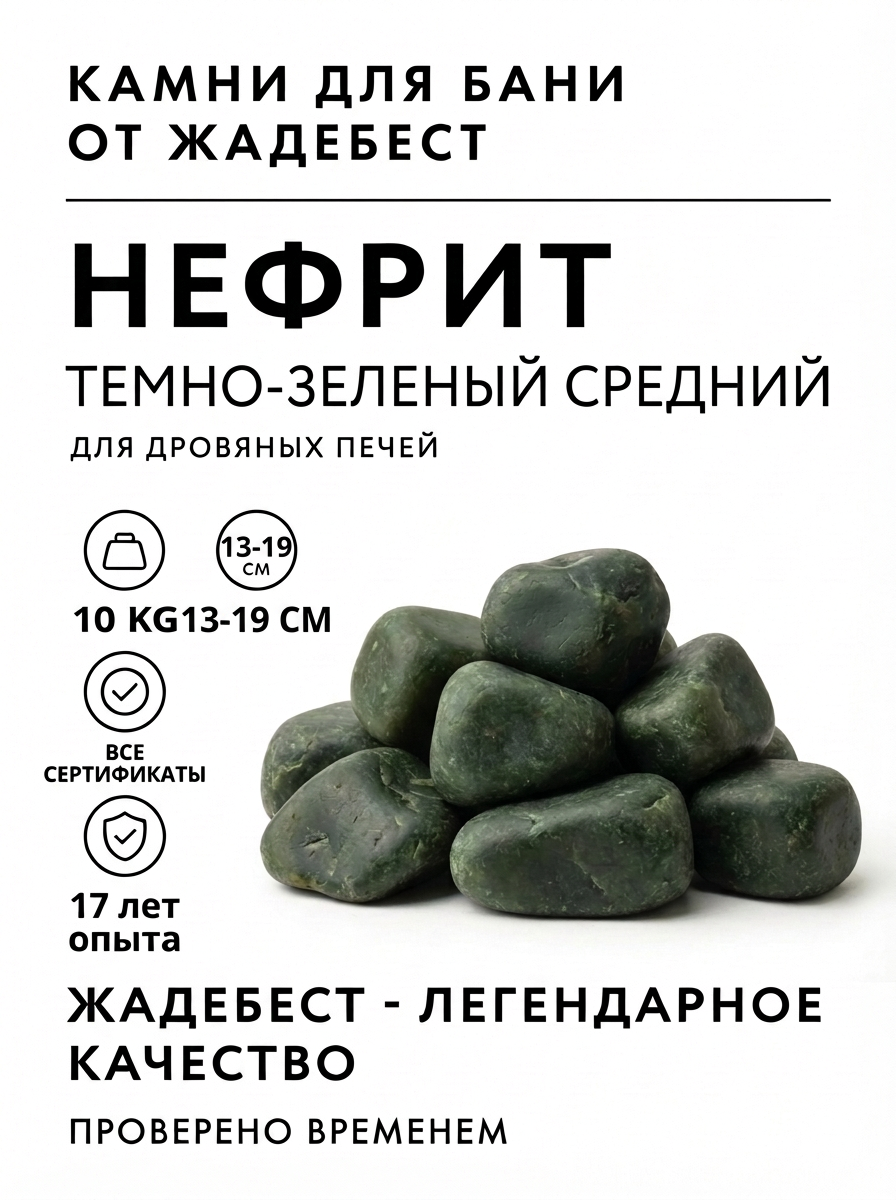 Нефрит шлифованный (темно-зелёный) ЖадеБест средняя фракция 7-14 см для бани и сауны 10 кг в экологичной упаковке