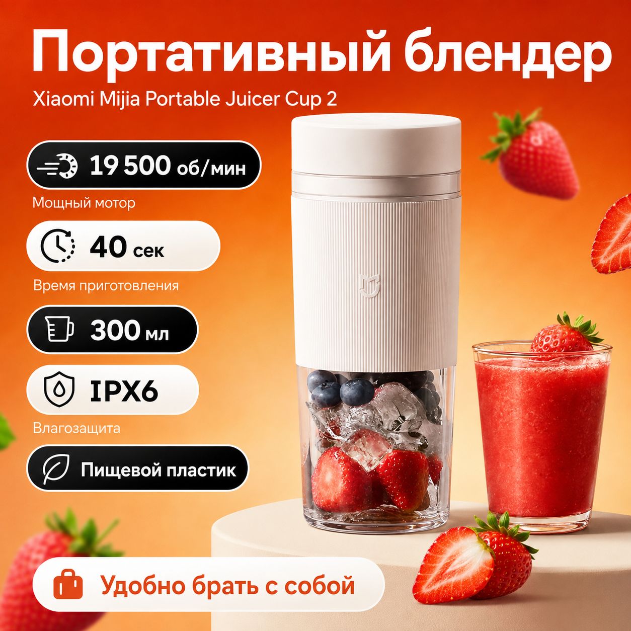 Портативный блендер Xiaomi Mijia Portable Juicer Cup 2, 300 мл, для смузи и соков, мини-блендер, белый