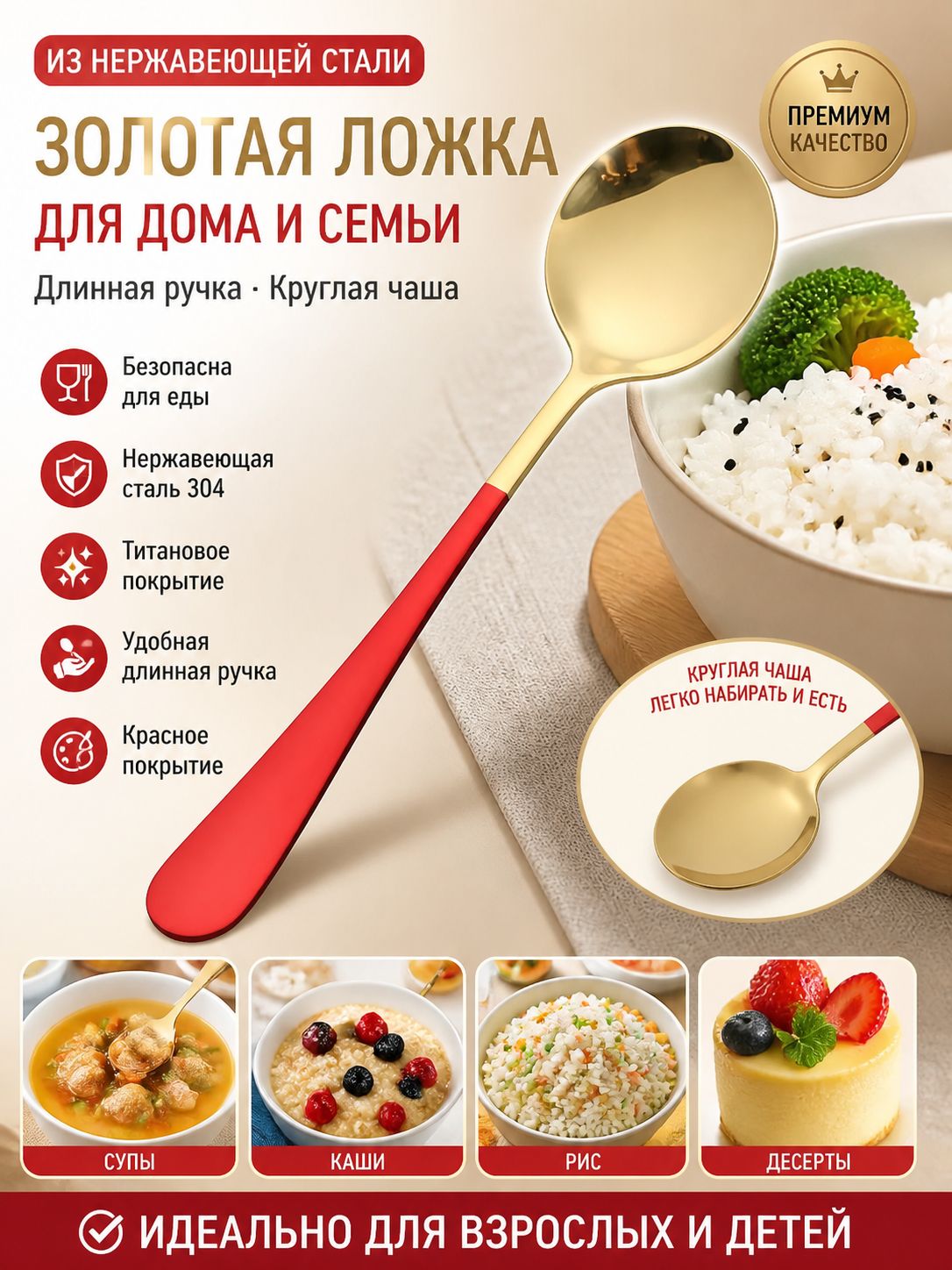 Ложка столовая круглая из толстой нержавеющей стали с удобной длинной ручкой красно-золотая для дома и детей для йогурта, пудинга, мороженого, каш