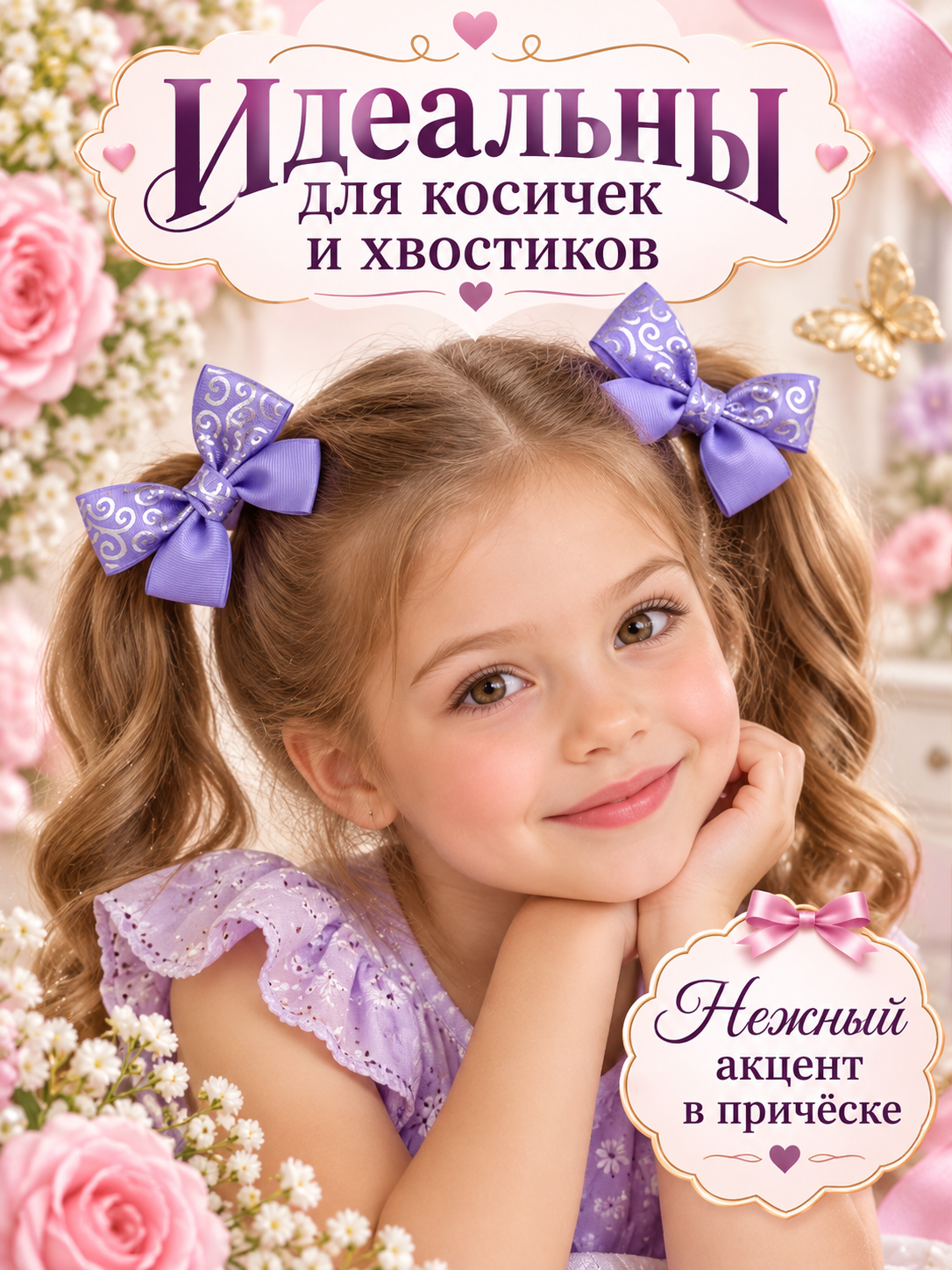 Бантики для волос на резинке для девочки, сиреневые, репсовые, набор 2 шт. — фото 1