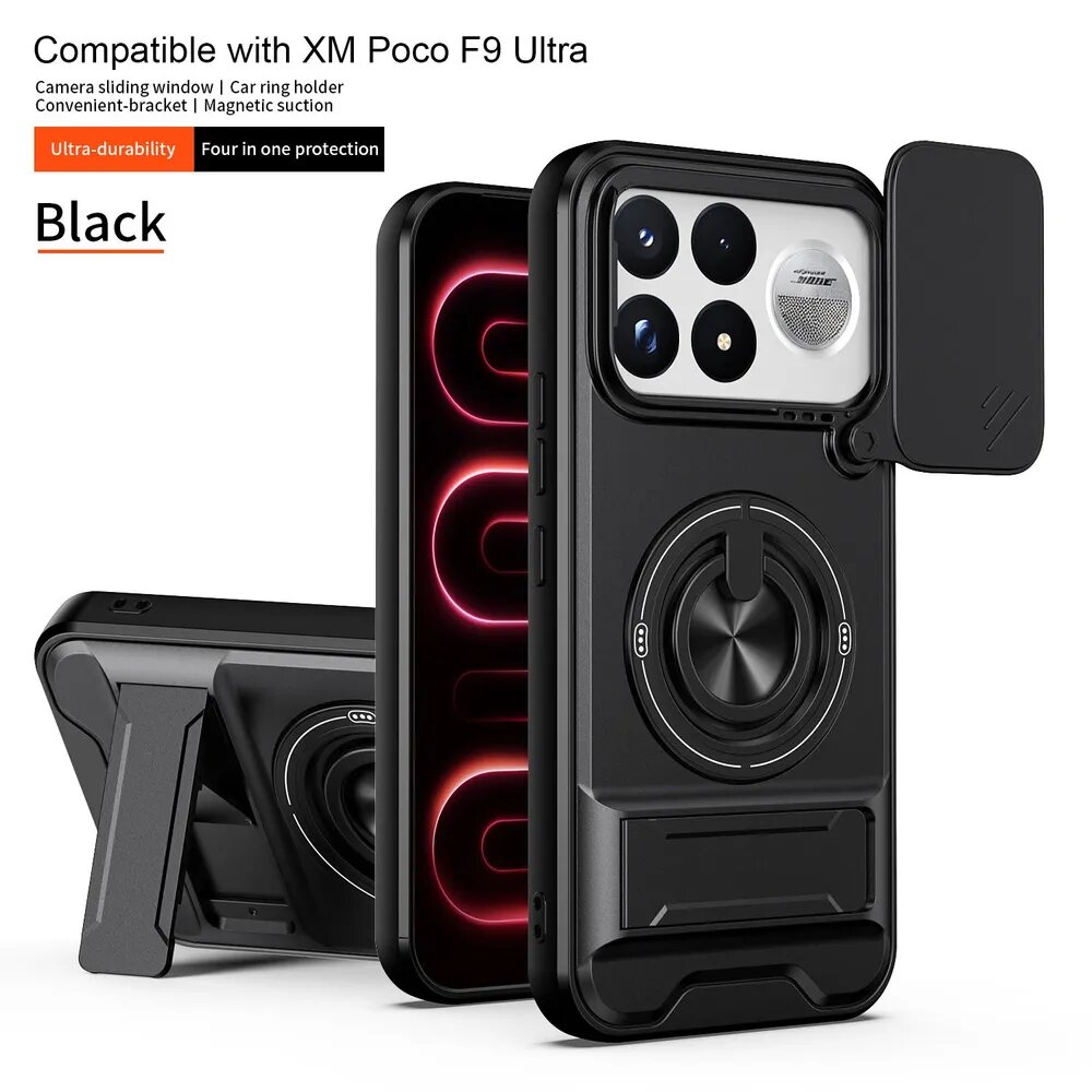 Чехол для Xiaomi Poco F9 Ultra (Поко Ф9 Ультра) с крышкой для веб-камеры и кольцевым креплением на 360 градусов, защитный чехол с защитой от падения