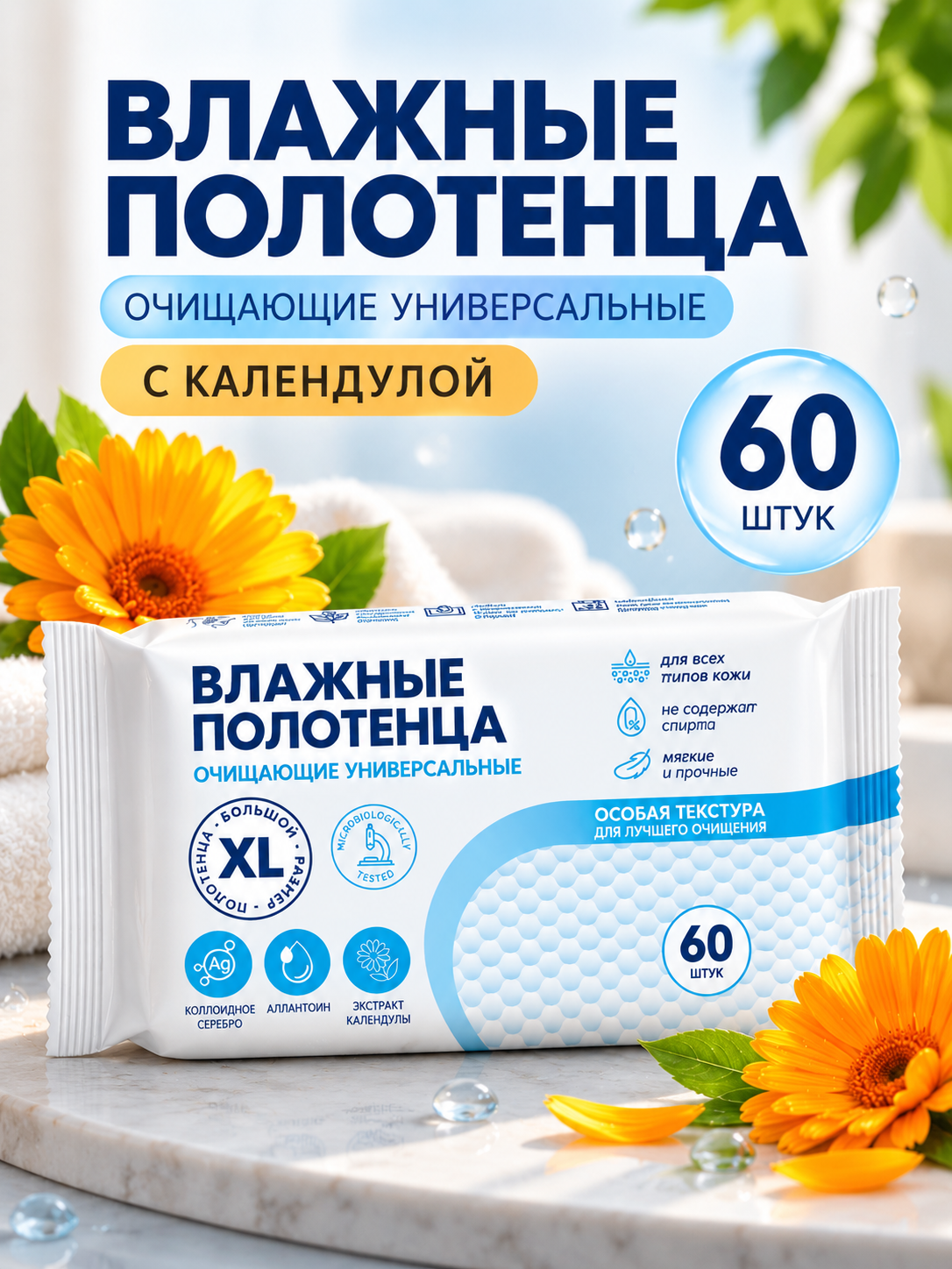 Влажные полотенца очищающие универсальные с календулой, 60 шт