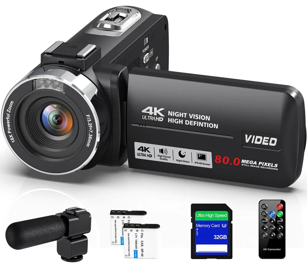 Видеокамера с разрешением 4K 80 МП и 18-кратным цифровым зумом, используемая для съемки на открытом воздухе, с картой памяти объемом 32 ГБ