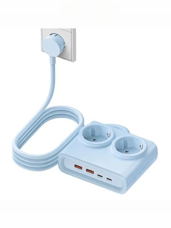 Разветвитель NTONPOWER GaN 25W Ультратонкая плоская вилка 1.3см, Удлинитель 1.6м, 2 розетки + 4 USB (2C+2A), Быстрая зарядка для iPh13one и Android