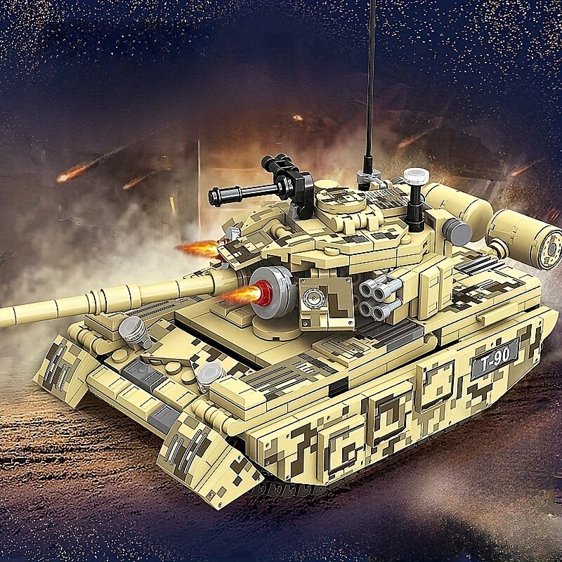 Конструктор-модель танка T90 с механизмом двойной цепи, 503 детали, желтый цвет, 2 фигурки в комплекте