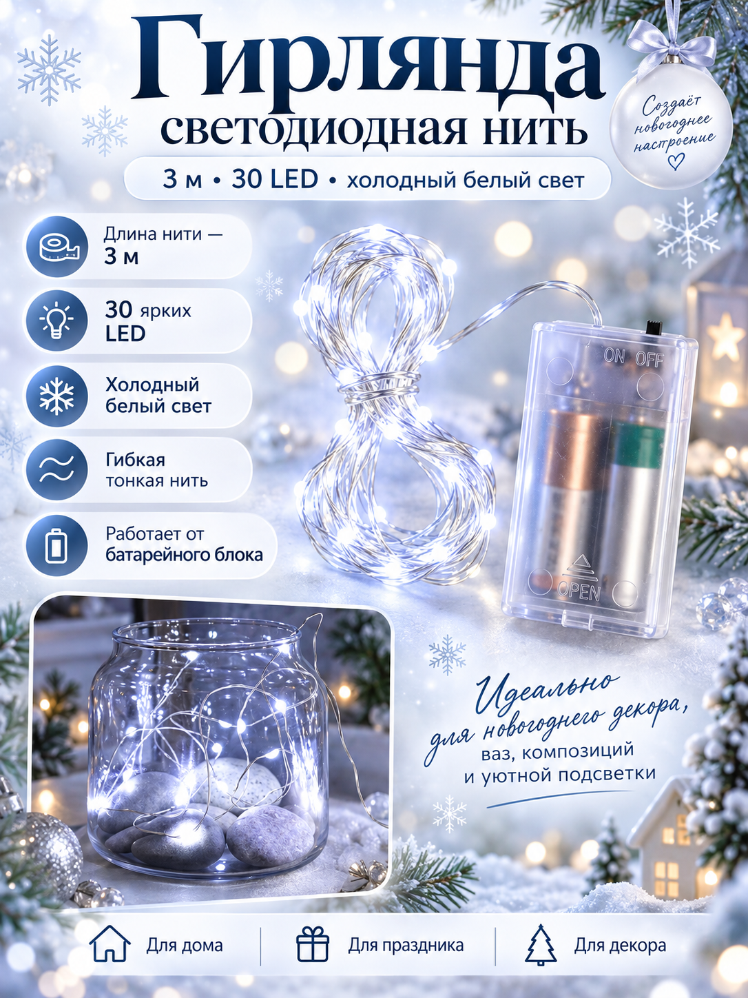 Гирлянда светодиодная нить 3 м 30 LED холодный белый Новогодняя