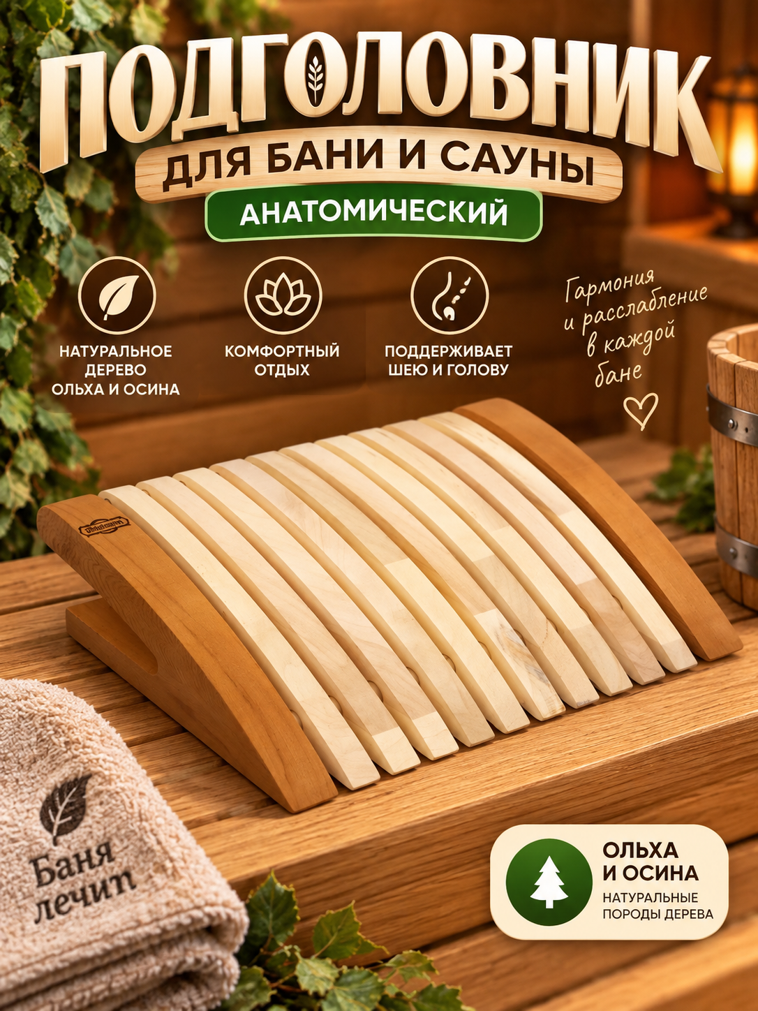 Подголовник анатомический для бани и сауны, деревянный, ольха и осина