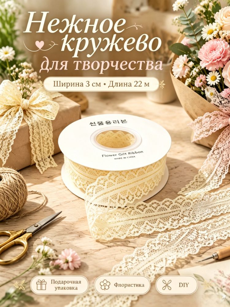Кружевная лента 3 см, для шитья и упаковки подарков, 1 шт.