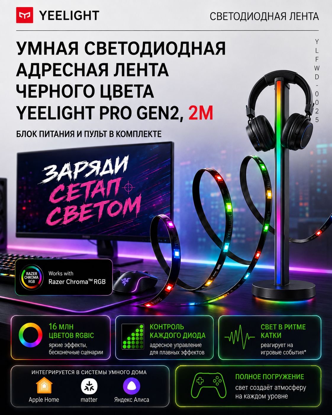 Умная Matter адресная светодиодная лента черного цвета Yeelight Obsid RGBIC Lightstrip, 2м, блок управления и блок питания в комплекте