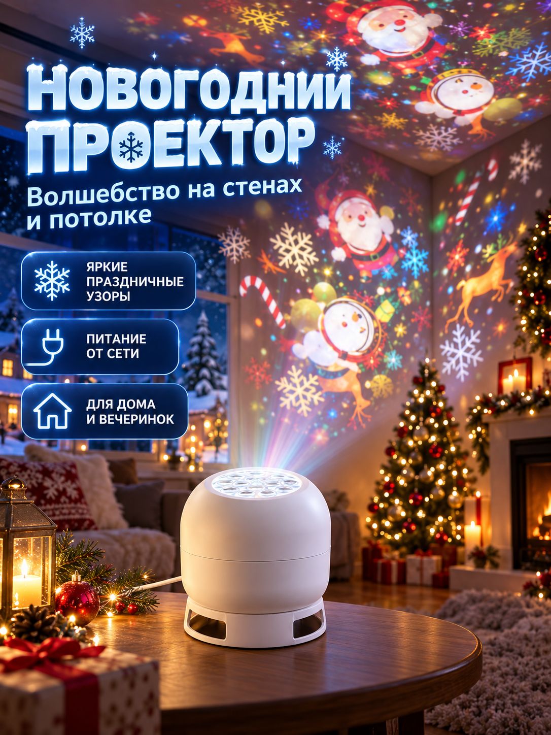 Ночник проектор снежинки, 360 поворотный, питание от USB, подсветка для спальни, детской, релаксации