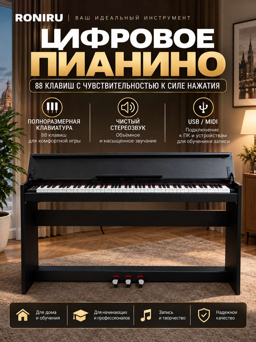 Цифровое пианино 88 клавиш с чувствительностью к нажатию, 3 педалями, USB/MIDI, стереозвуком и разъемом для наушников