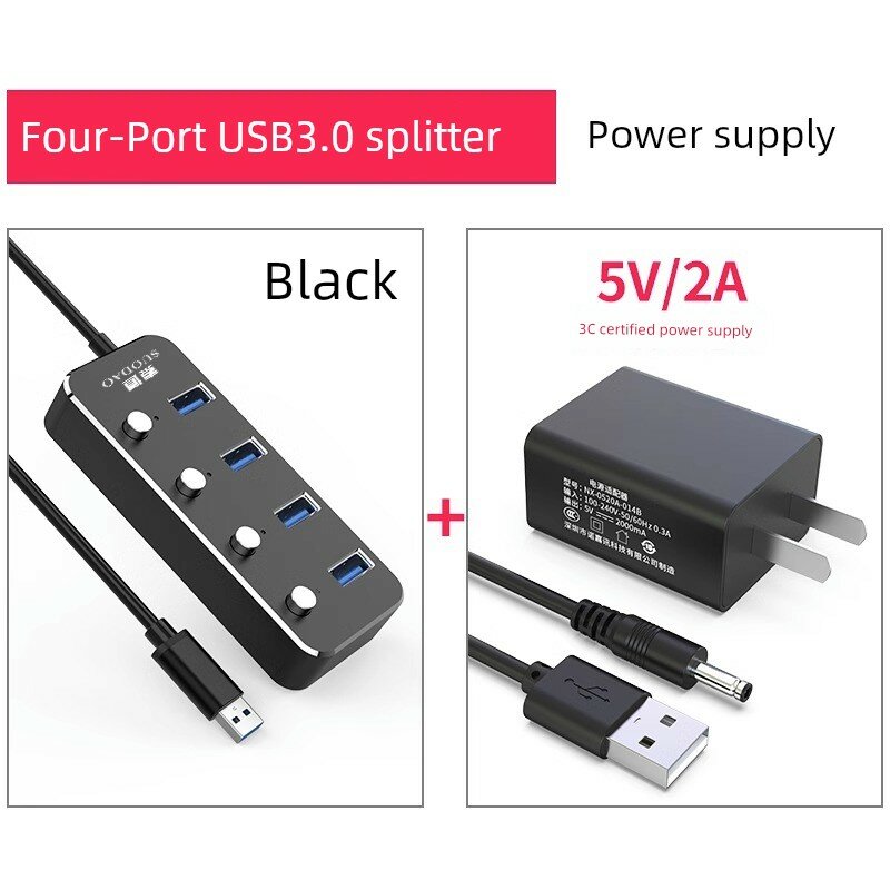 4-портовый USB 3.0 хаб из алюминиевого сплава с переключателем и адаптером 2А, кабель 1.2м