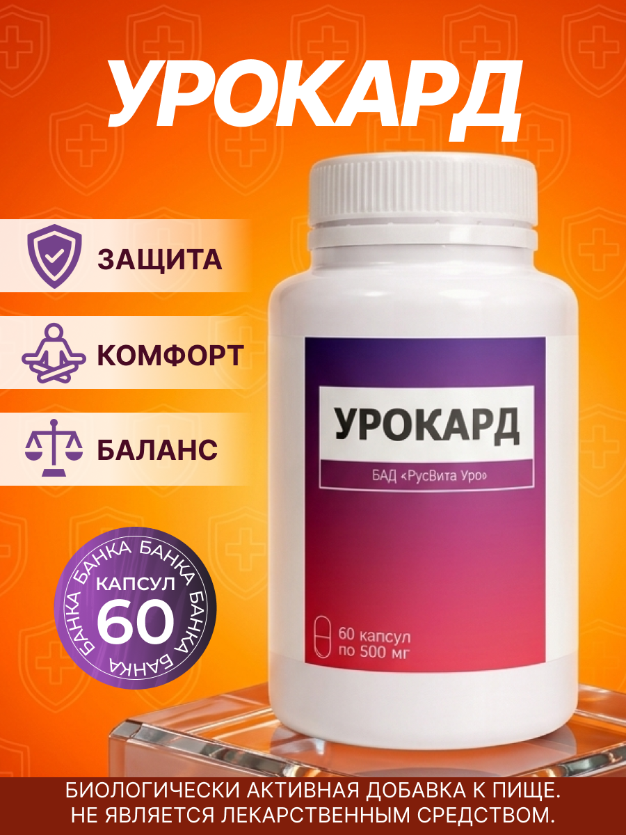 БАД Русвита Уро Урокард: Поддержка мочеполовой системы и комфортного состояния, банка 60 капсул