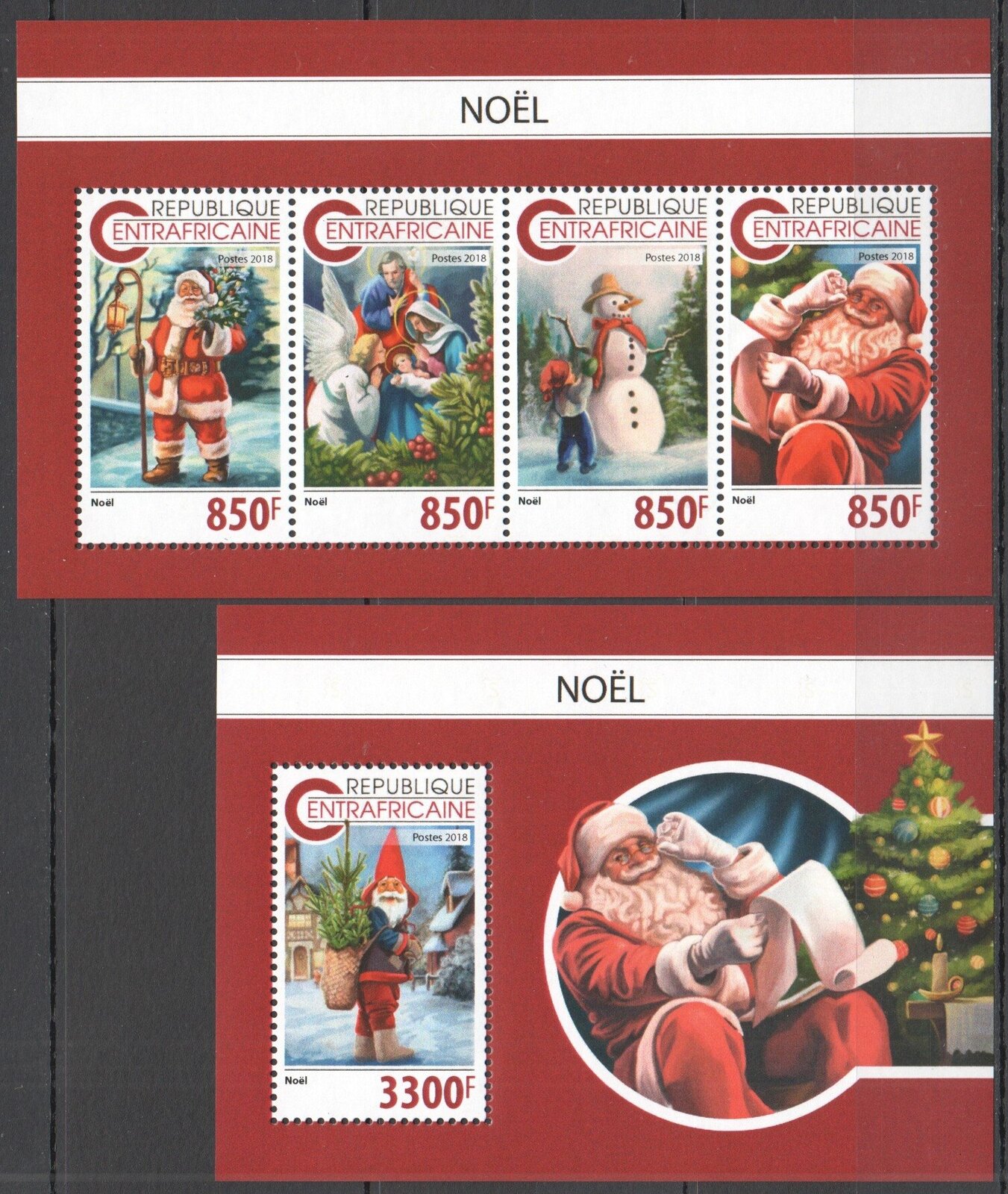 Марки 2018 год ЦАР Рождество Санта-Клаус Искусство #8280-3+Бл1861 MNH