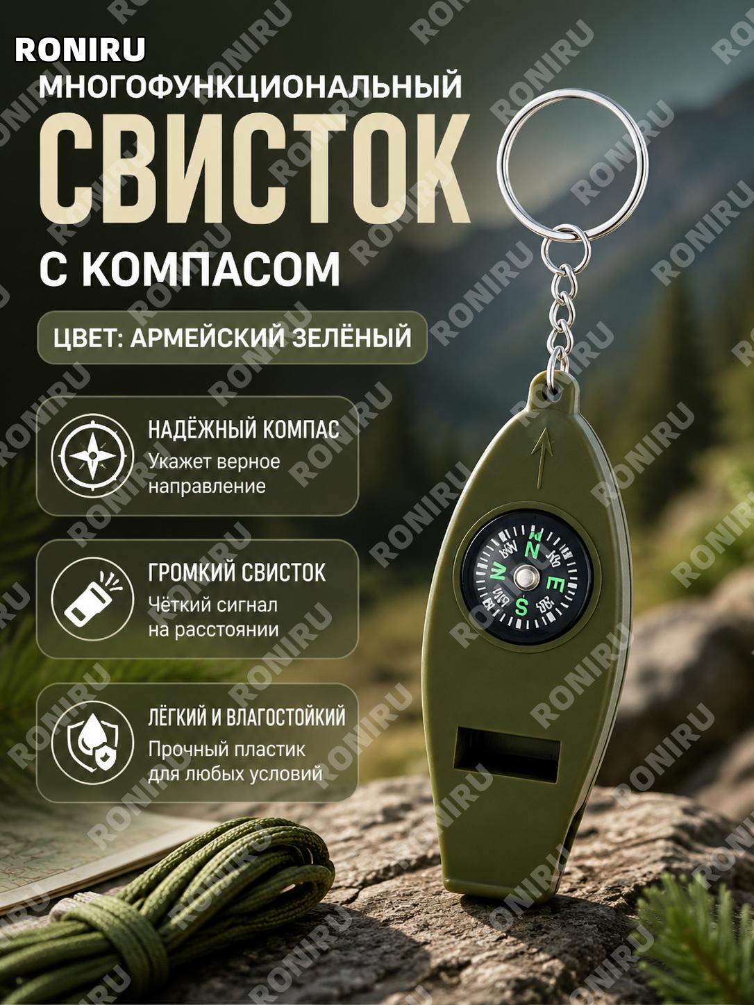 Свисток-компас брелок с лупой многофункциональный пластиковый военный зеленый для школы туризма и подарка походов