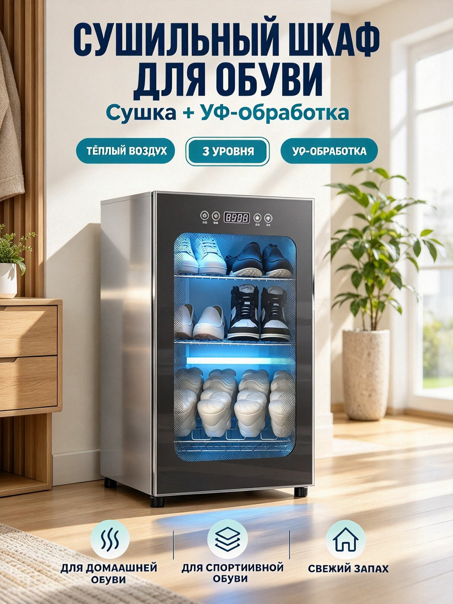 Шкаф для сушки обуви с УФ обработкой, 3 уровня, таймер