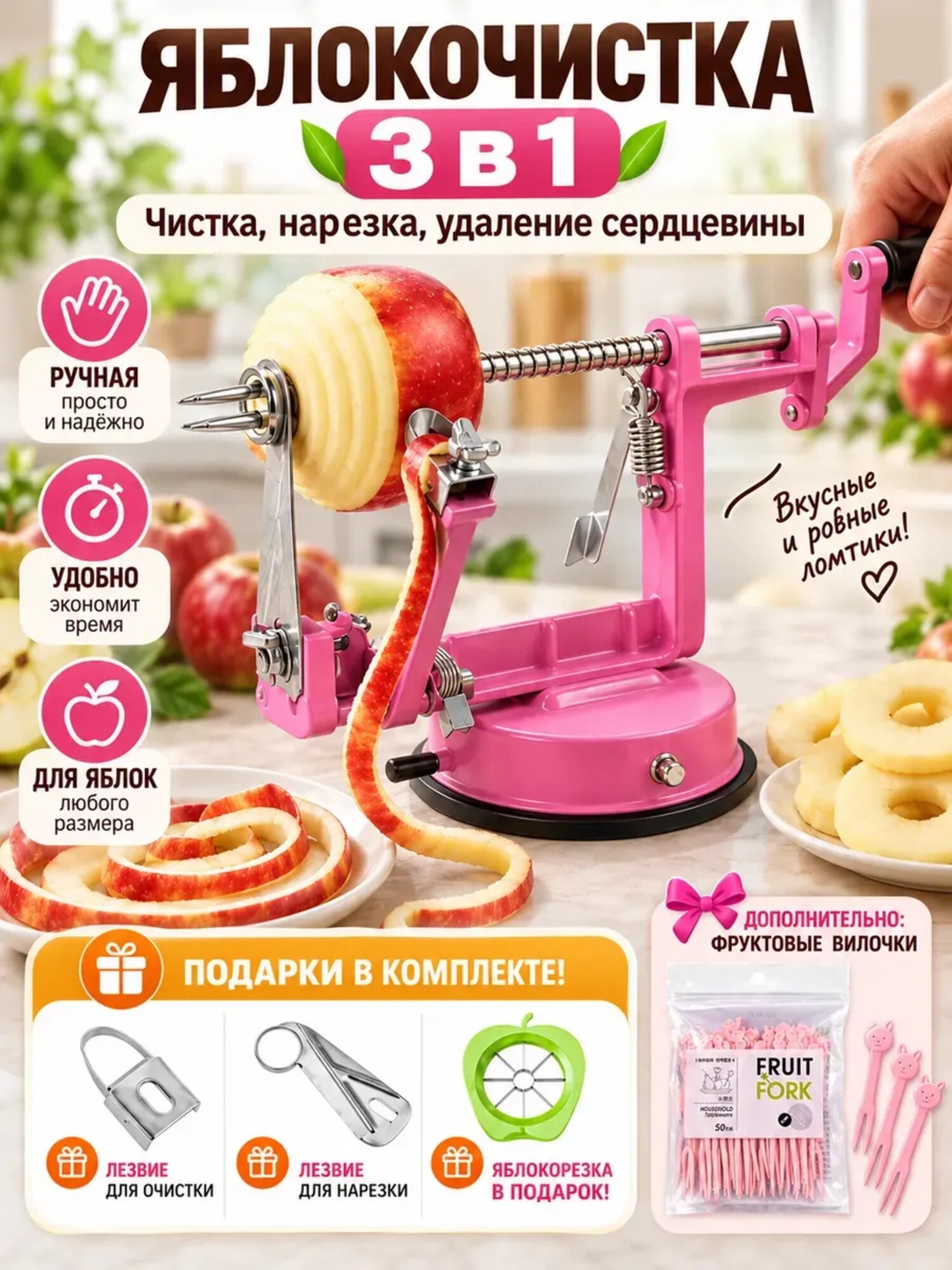 Яблокорезка Ezidri Apple Peeler 3 в 1 на присоске, для яблок и овощей, розовый, спираль