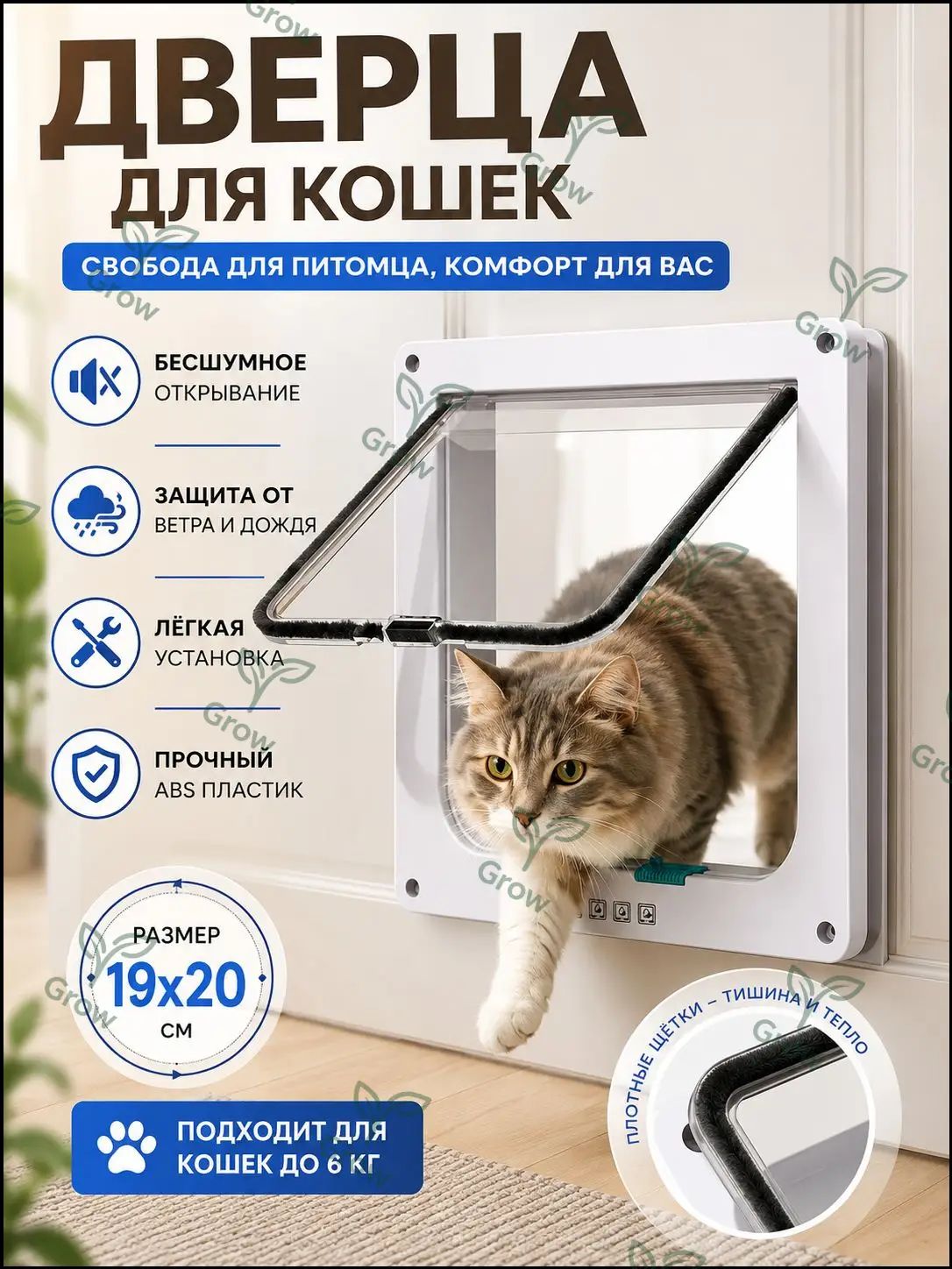 Дверца для кошки в дверь и стену, кошачий лаз, дверь для животных с бесшумным открытием, 19х20 см